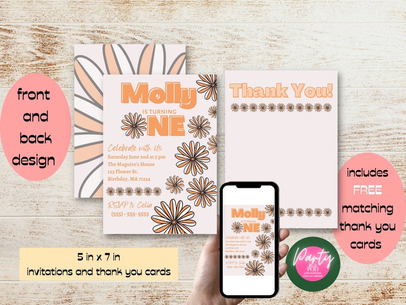 EDITABLE Flower Power Birthday Invitation Flower Power Thank You Cards ...