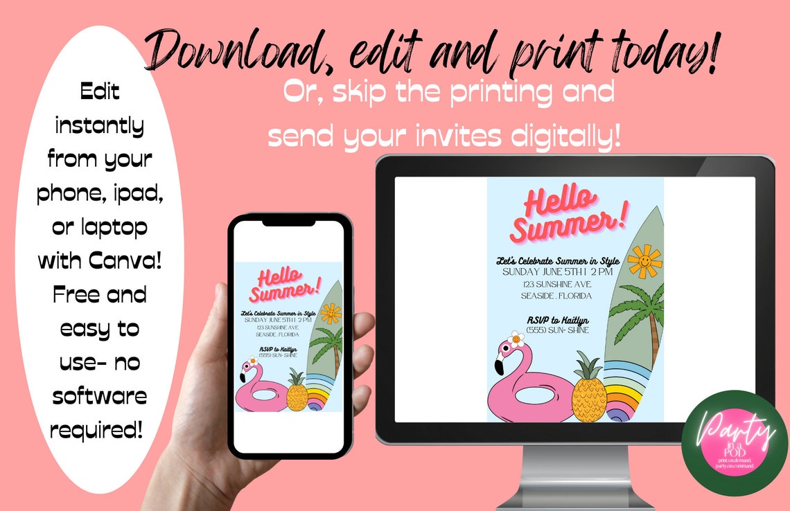 EDITABLE Hello Summer Party Invitation Flamingo Party Pool - Etsy