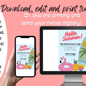EDITABLE Hello Summer Party Invitation Flamingo Party Pool Party ...