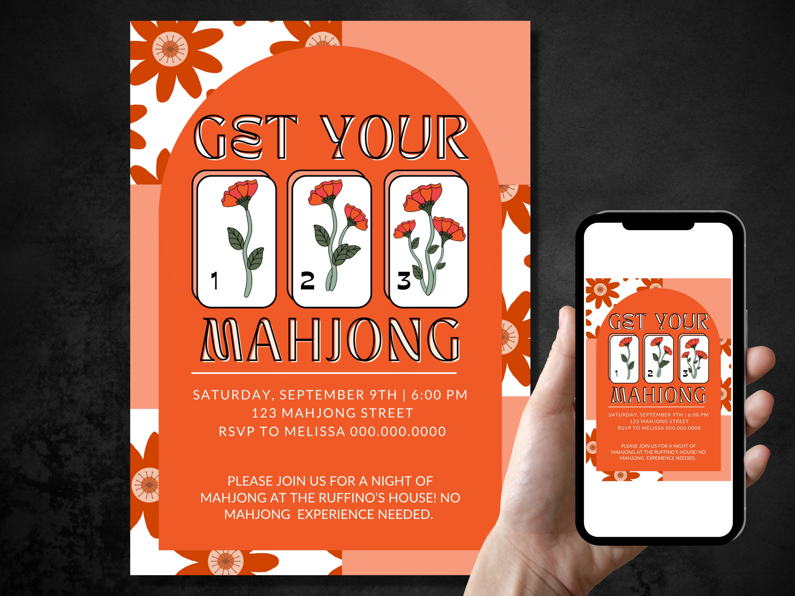 EDITABLE Floral Orange Mahjong Game Night Invitation - Etsy