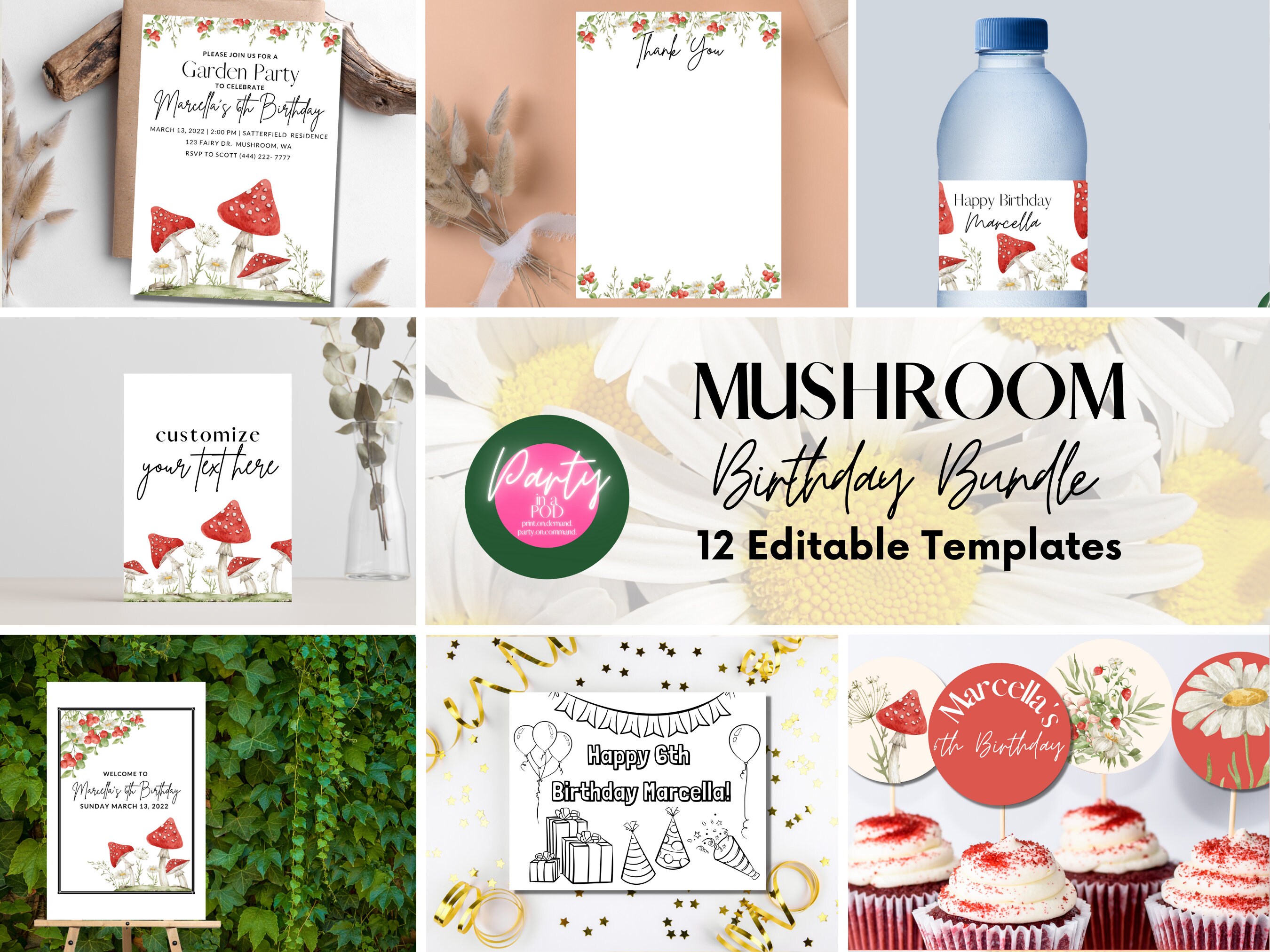 Mushroom Birthday Party Bundle, Editable Garden Theme (digital Download ...