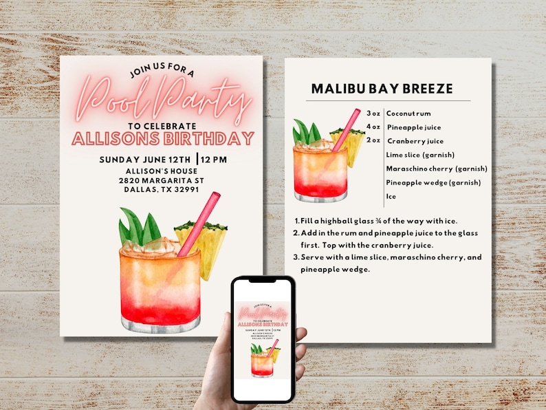 EDITABLE Summer Cocktail Party Invitation Template Malibu Bay Breeze ...