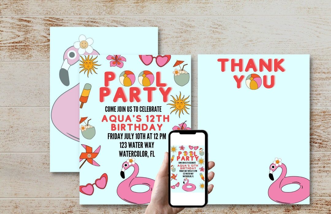 EDITABLE Pool Party Invitation Pool Party Birthday Pool Party Thank You ...