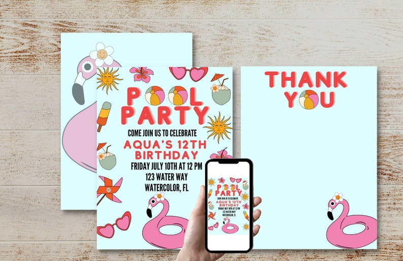 EDITABLE Pool Party Invitation Pool Party Birthday Pool Party Thank You ...