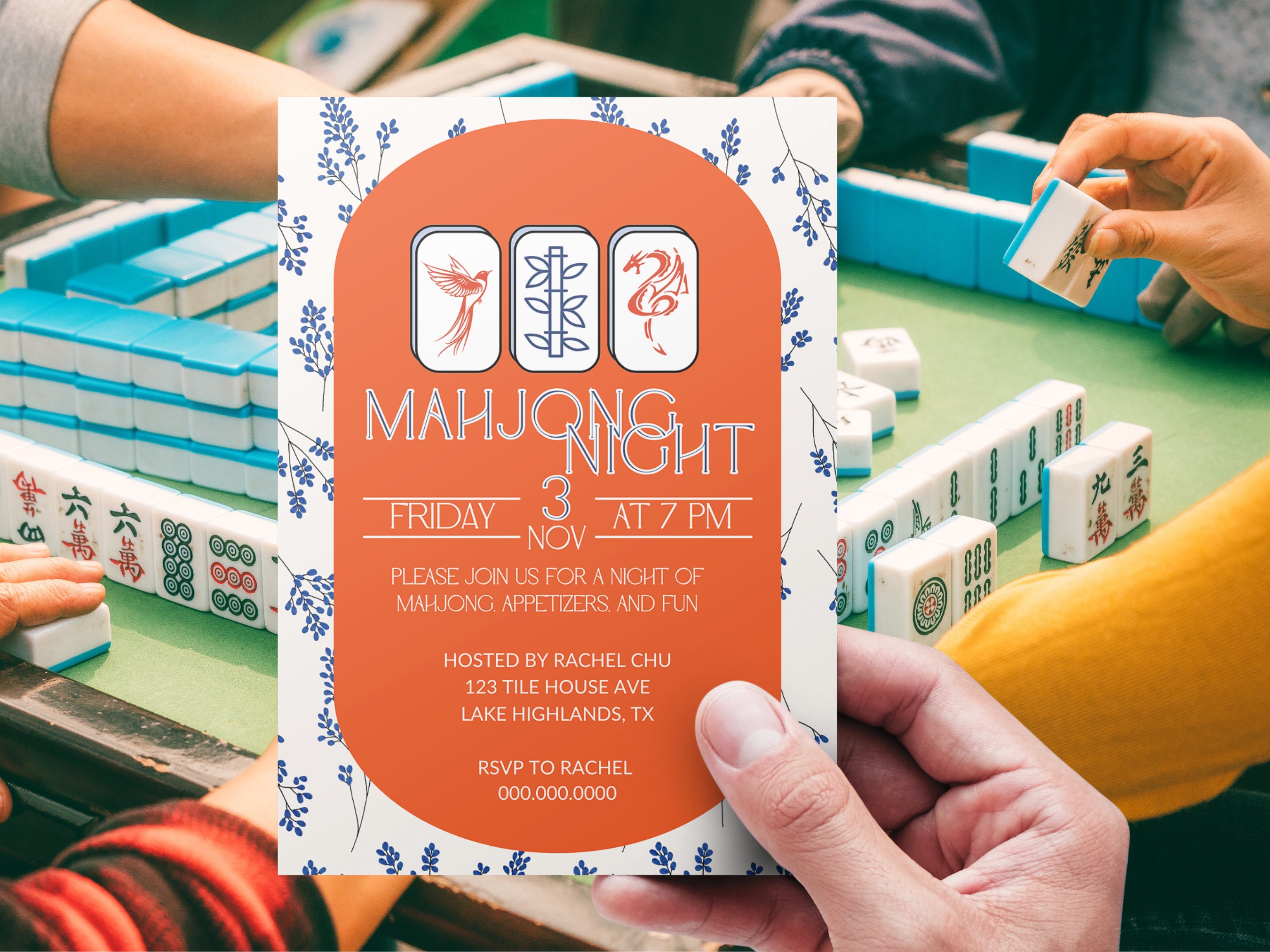 EDITABLE Blue and Orange Mahjong Game Night Invitation - Etsy