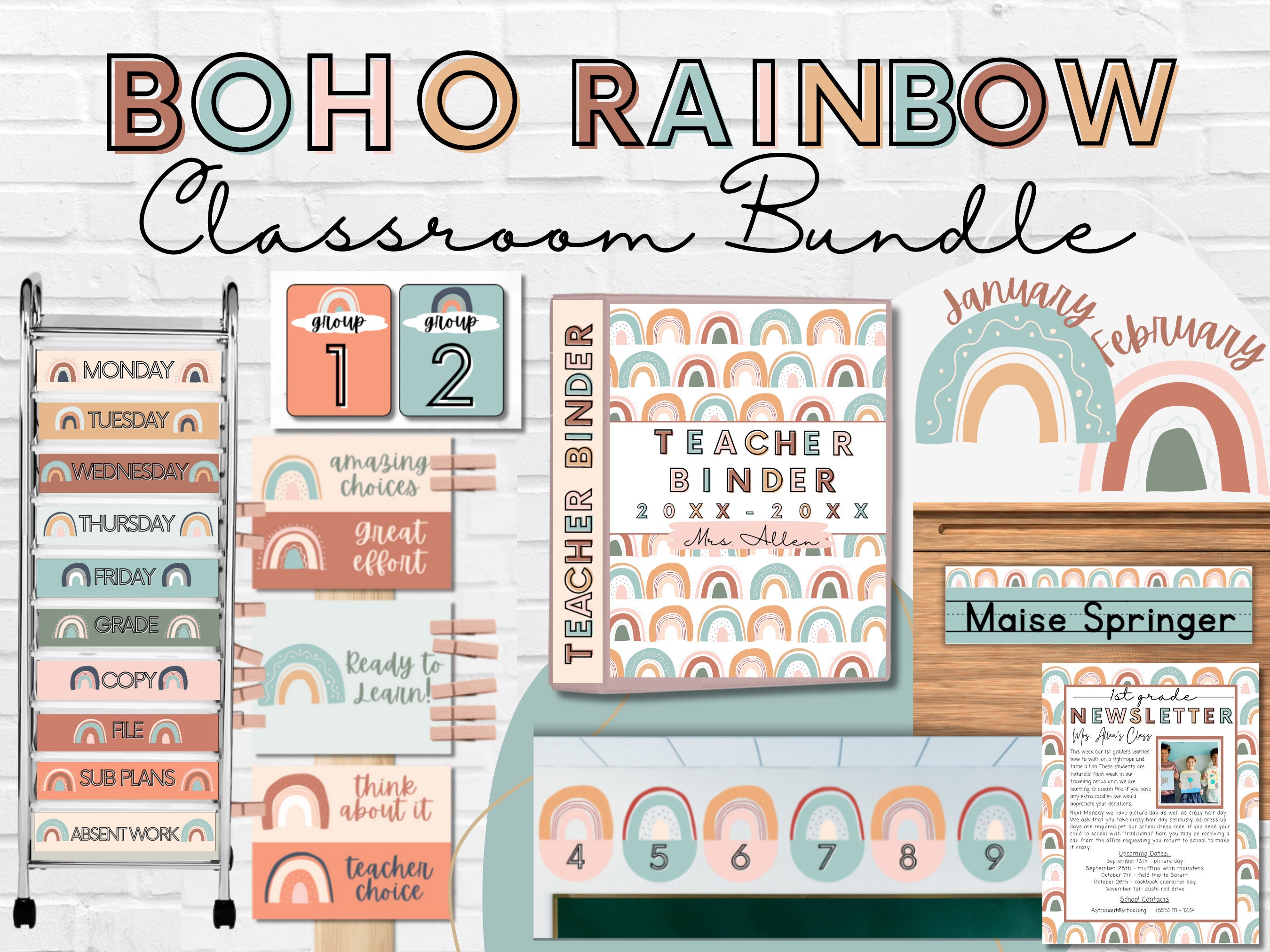 EDITABLE Boho Rainbow Classroom Decor Bundle Pastel Calm Colors Neutral ...
