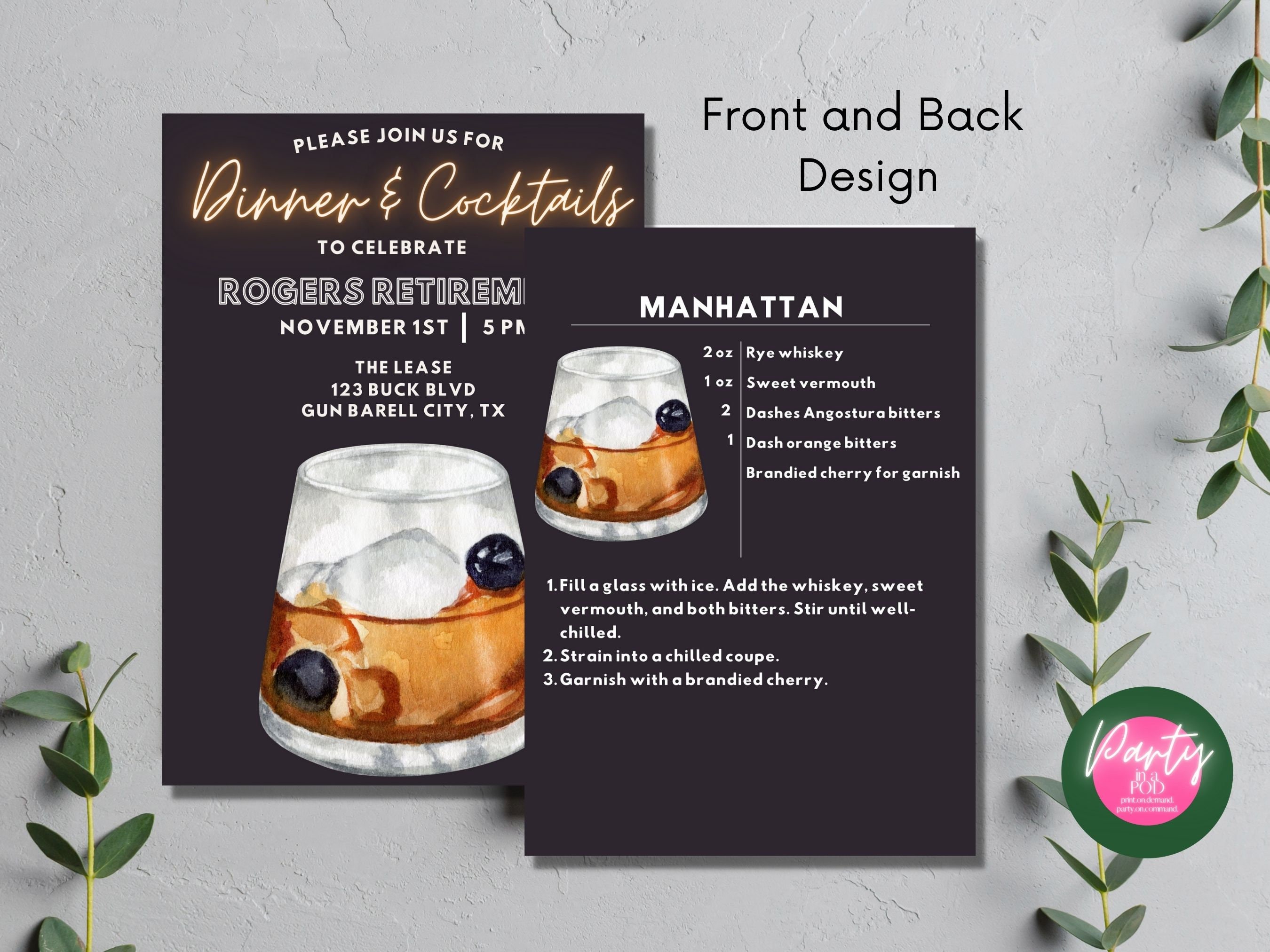 Manhattan Cocktail Party Invitation Template With Recipe (digital ...