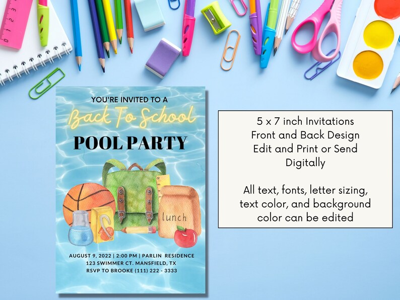 Back to School Pool Party Invitation, End of Summer (digital Download ...