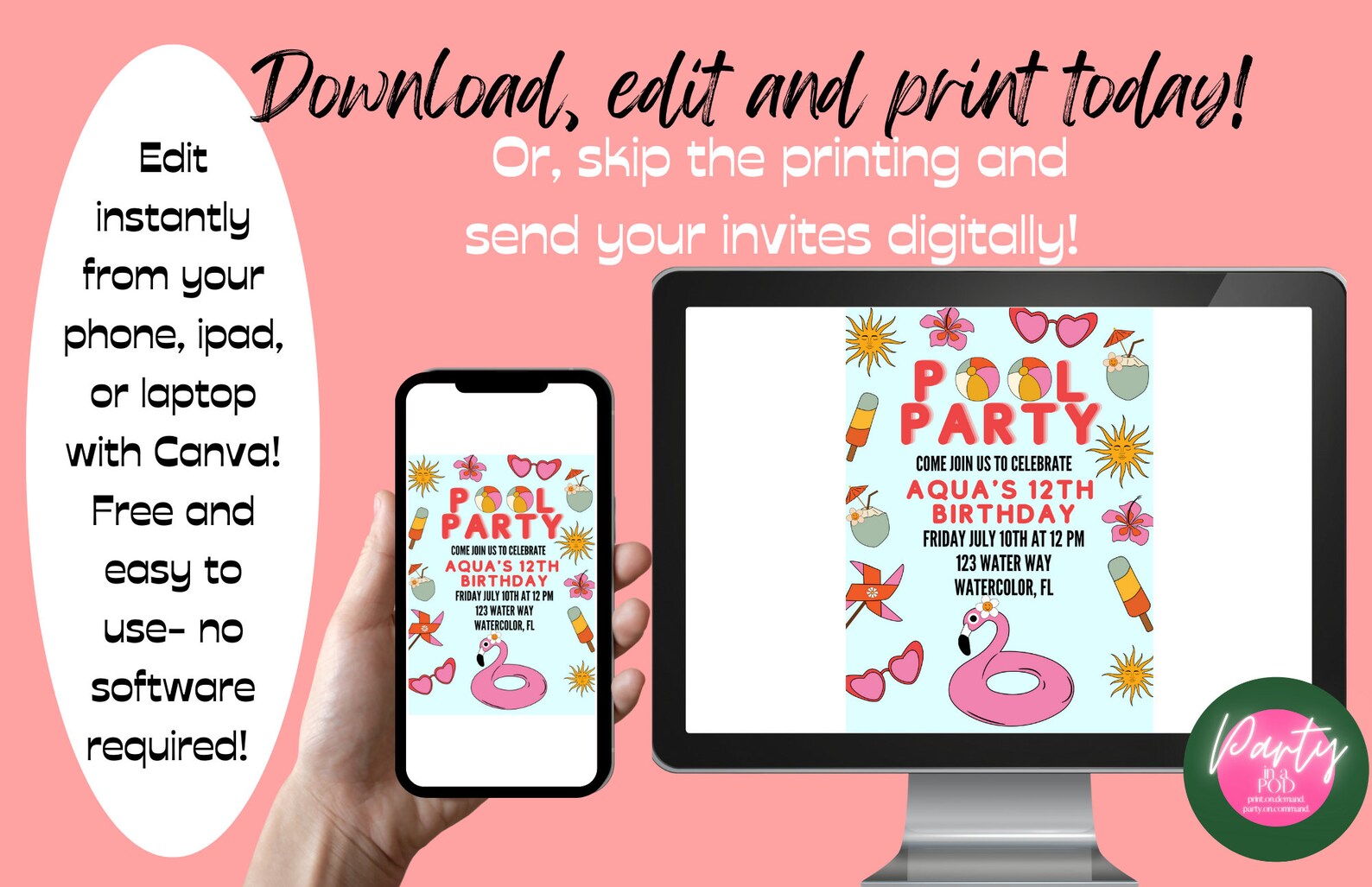 EDITABLE Pool Party Invitation Pool Party Birthday Pool Party Thank You ...