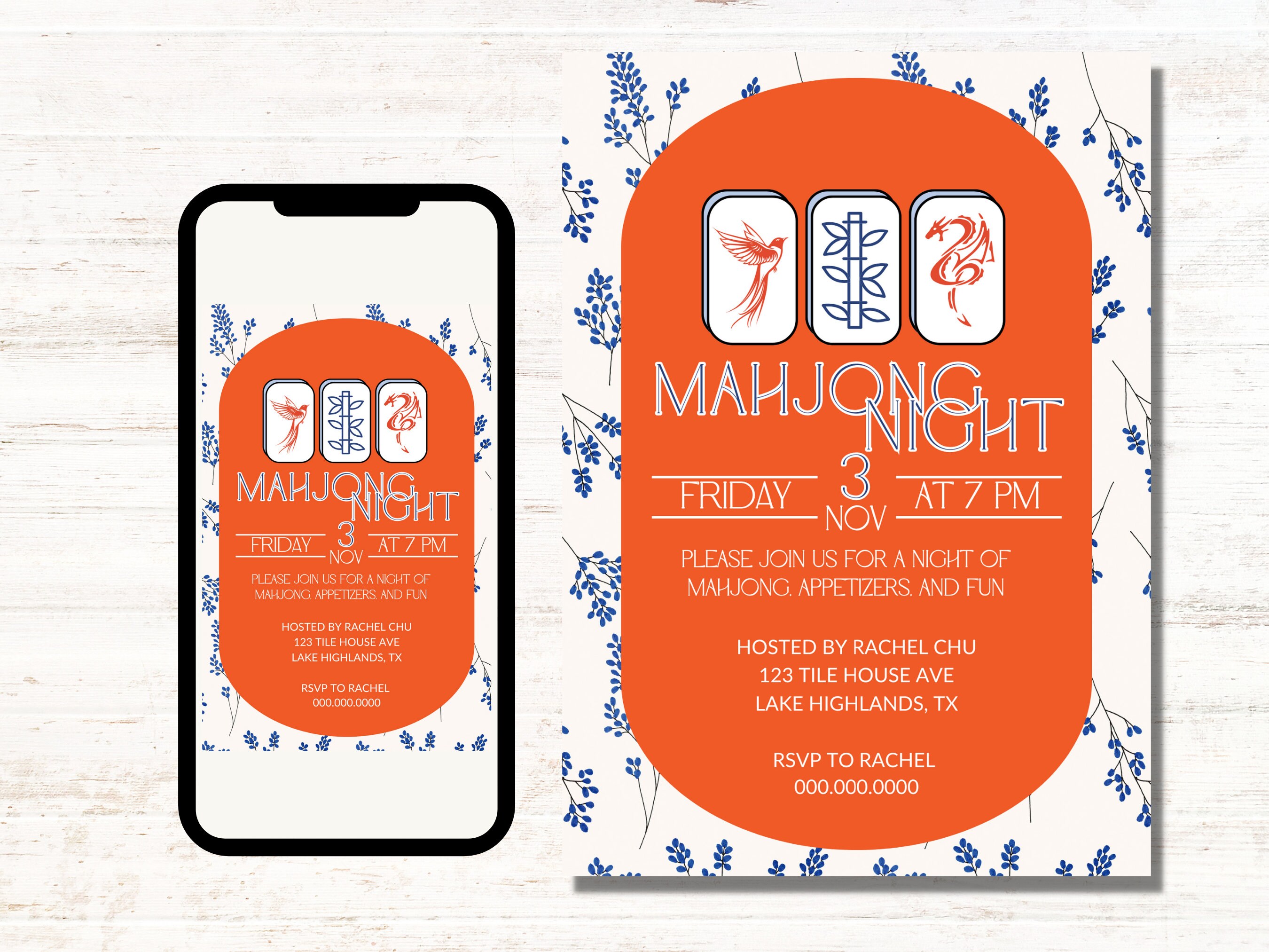 EDITABLE Blue and Orange Mahjong Game Night Invitation - Etsy