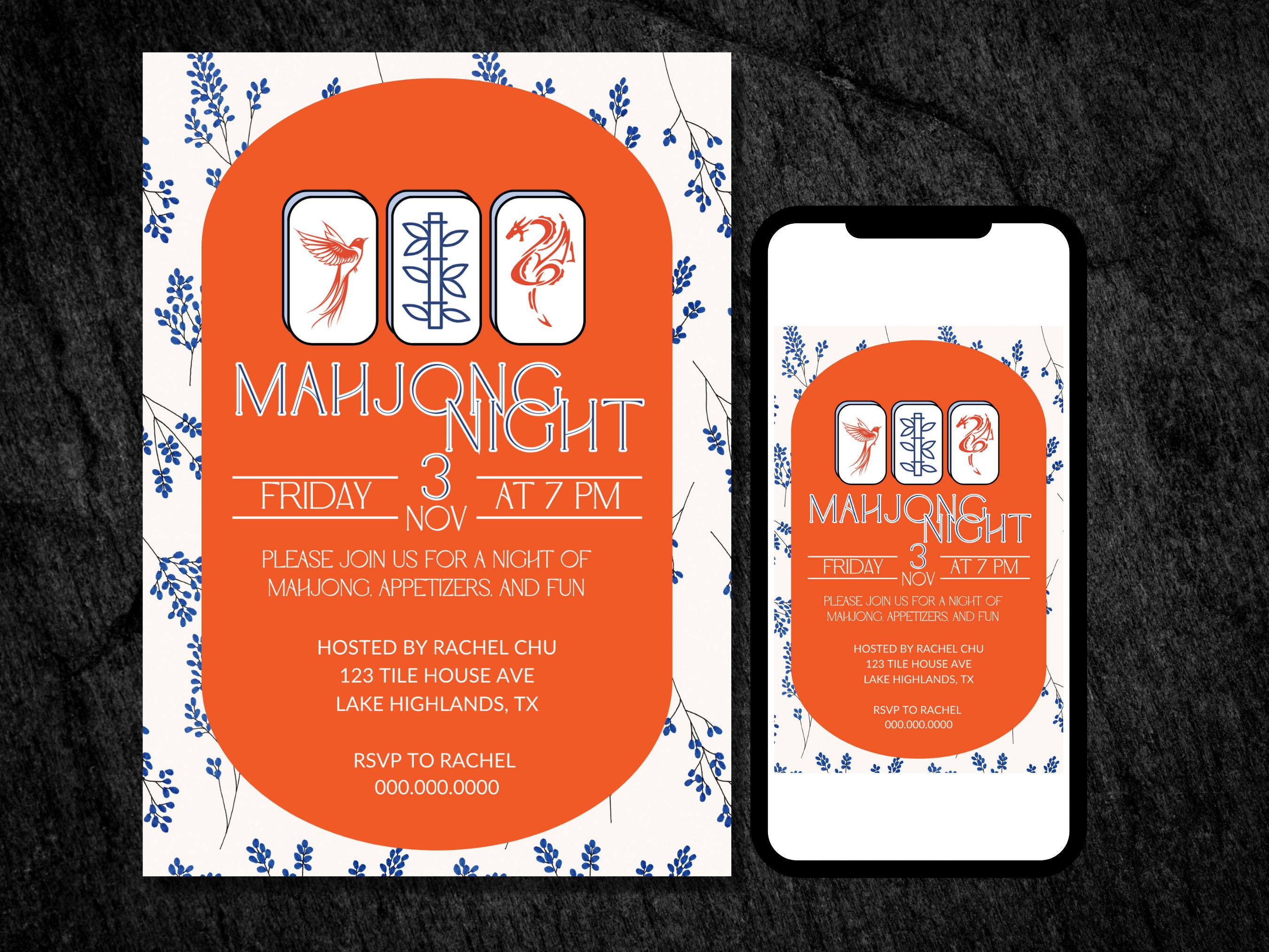 EDITABLE Blue and Orange Mahjong Game Night Invitation - Etsy