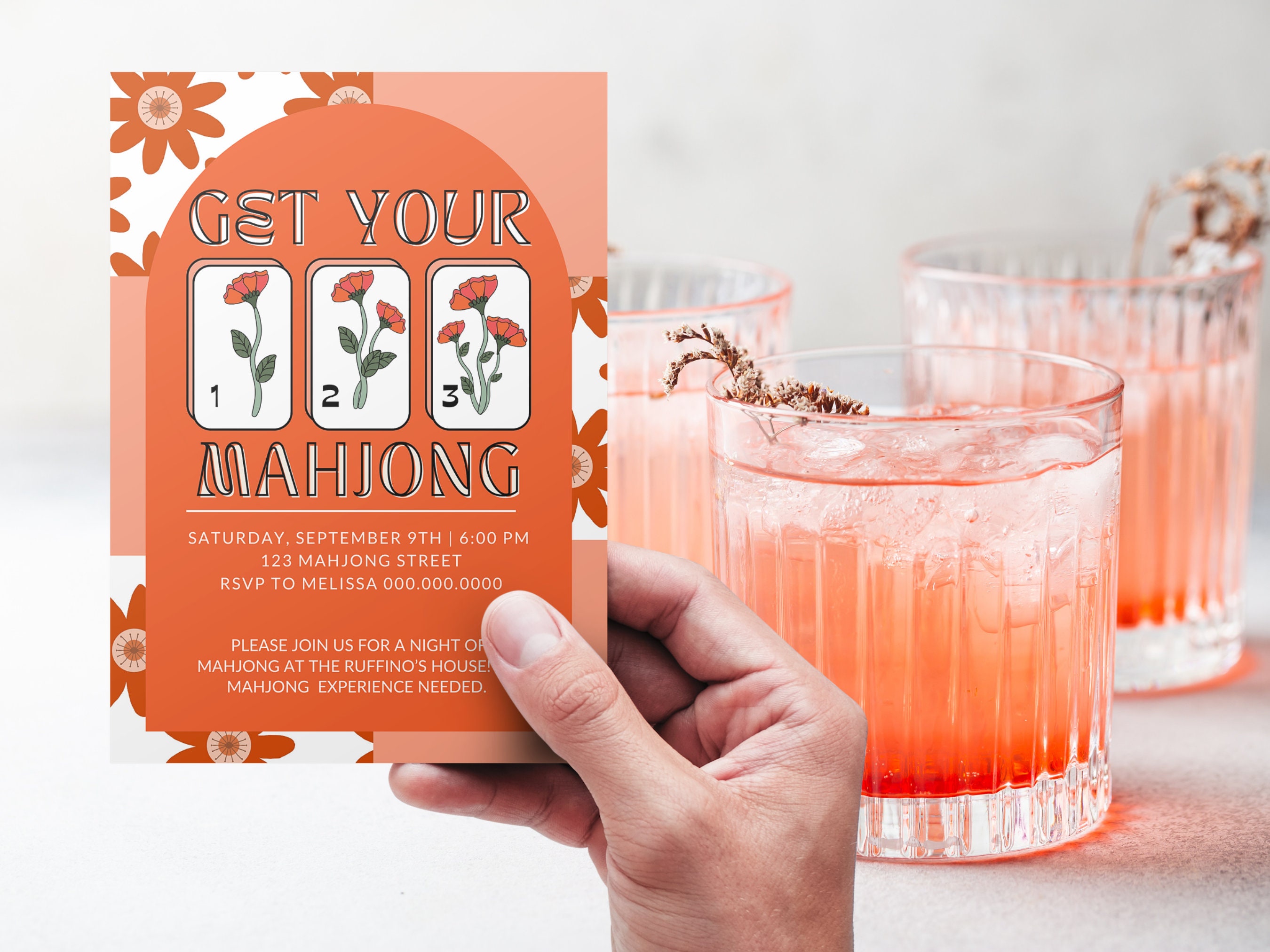 EDITABLE Floral Orange Mahjong Game Night Invitation - Etsy