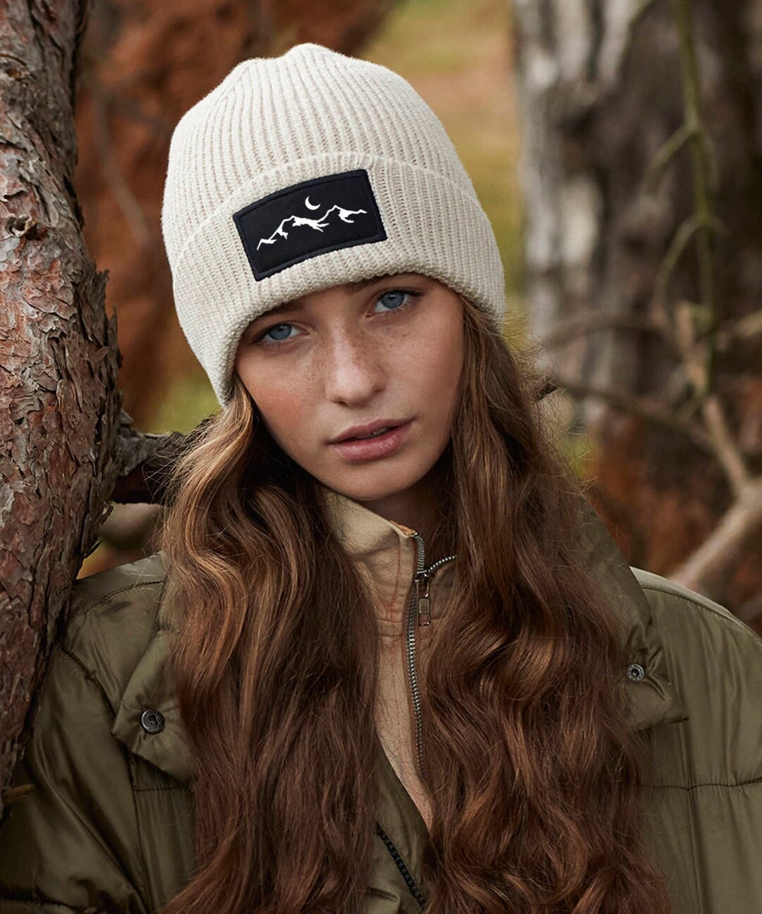 Mountains & Moon Print Beanie - Outdoor Adventure Warm Hat - Nature ...