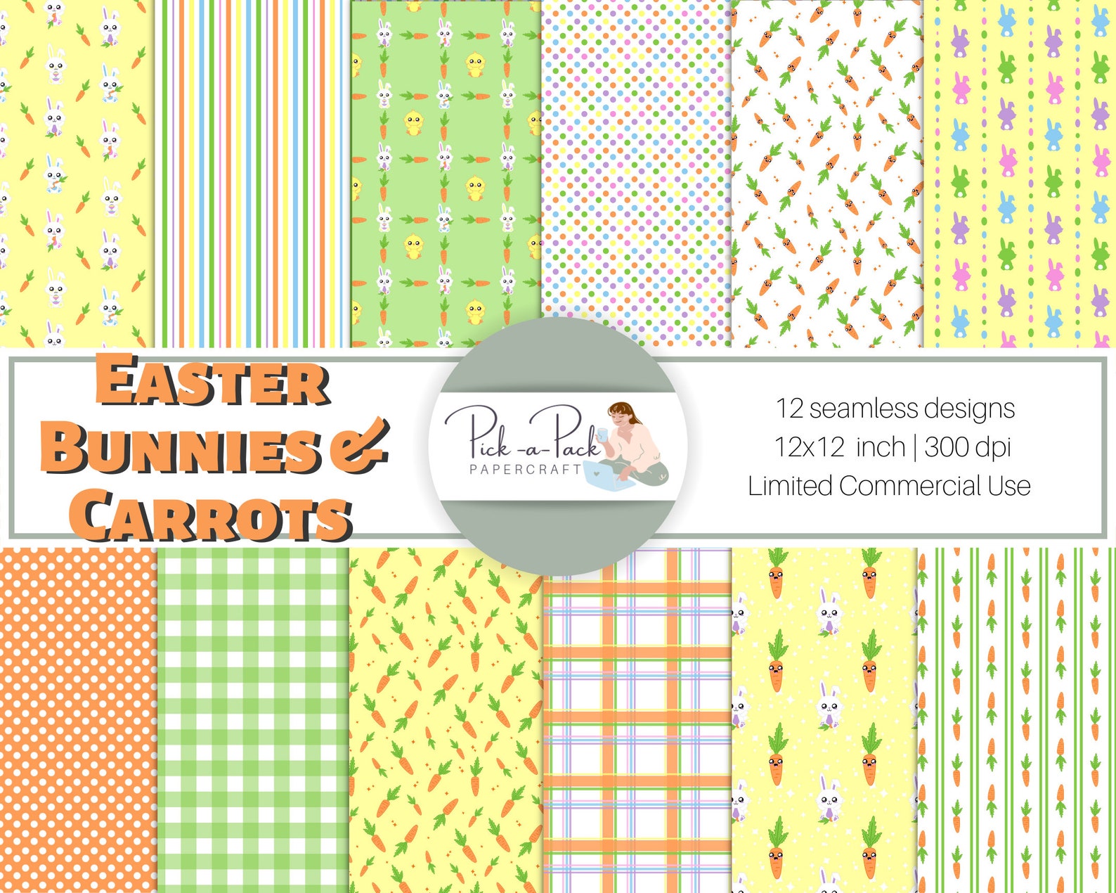 Easter Bunnies & Carrots Digital Paper Pack | Bright Seamless Spring ...