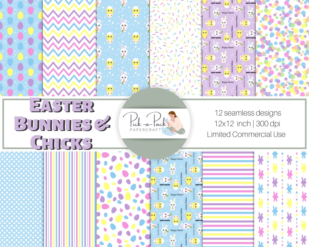 Easter Bunnies & Baby Chicks Digital Paper Pack | Bright Seamless ...