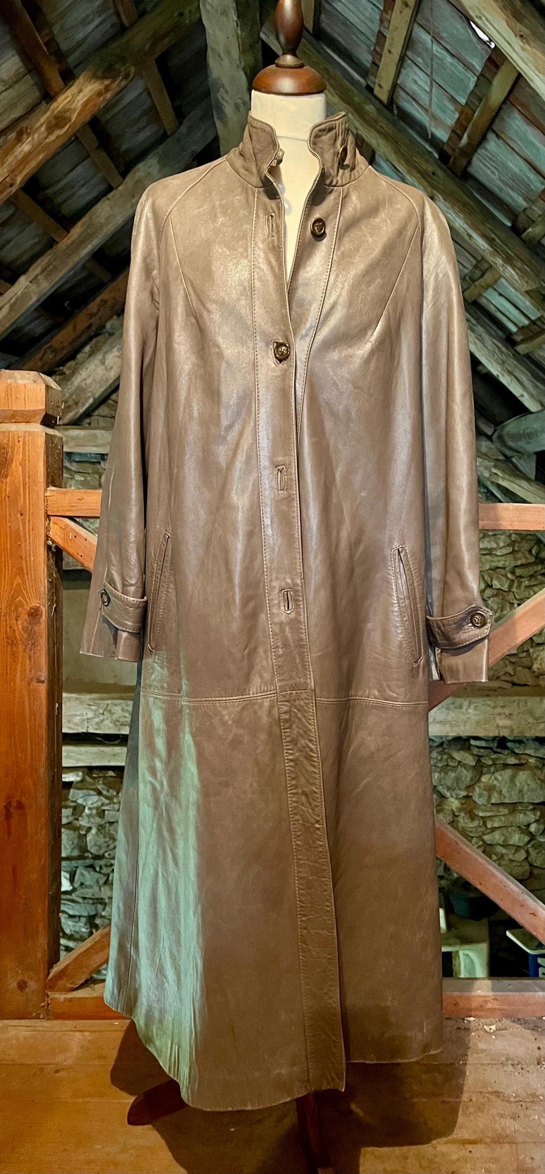 Long Leather Vintage Coat Trench/ Gray Color/ Size 38-40/ Handmade From ...