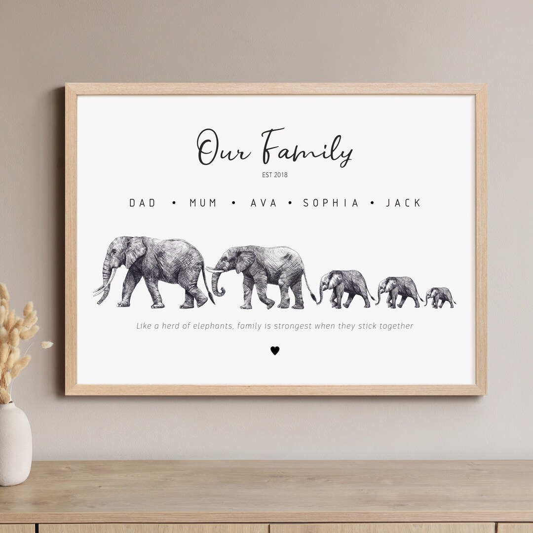 Personalised Elephant Family Print, Our Family Gift, Animal Family ...