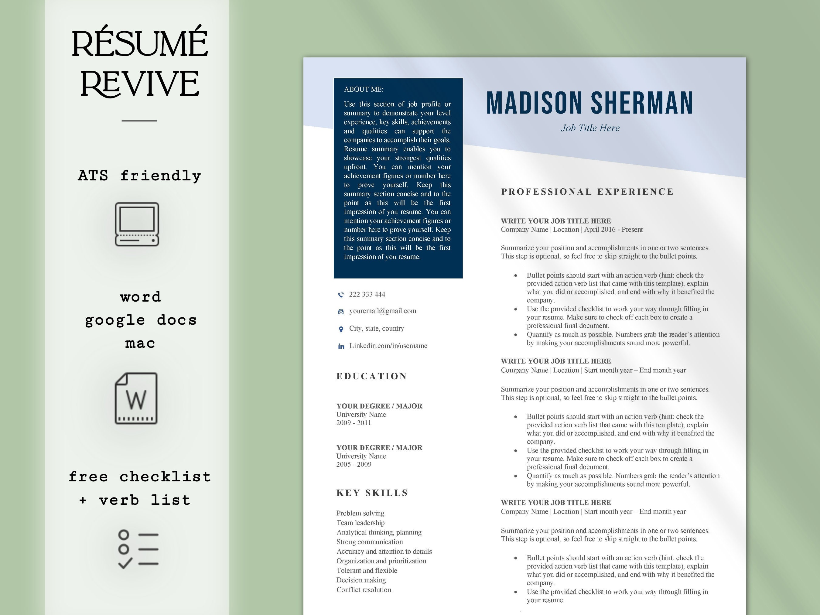 Modern Resume / CV Template, Cover Letter, References for Word and ...