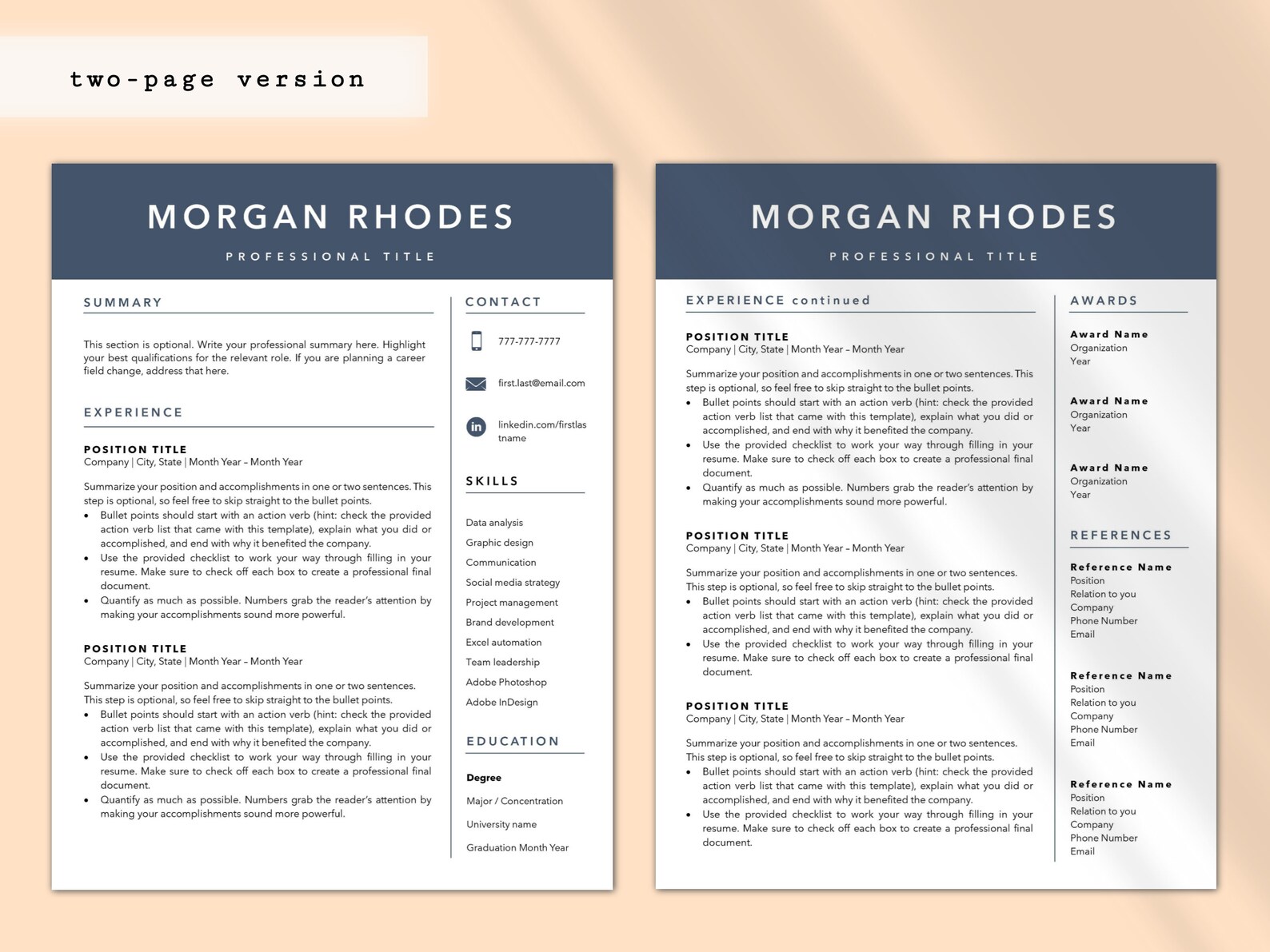 Modern Clean Resume / CV Template, Cover Letter, References for Word ...