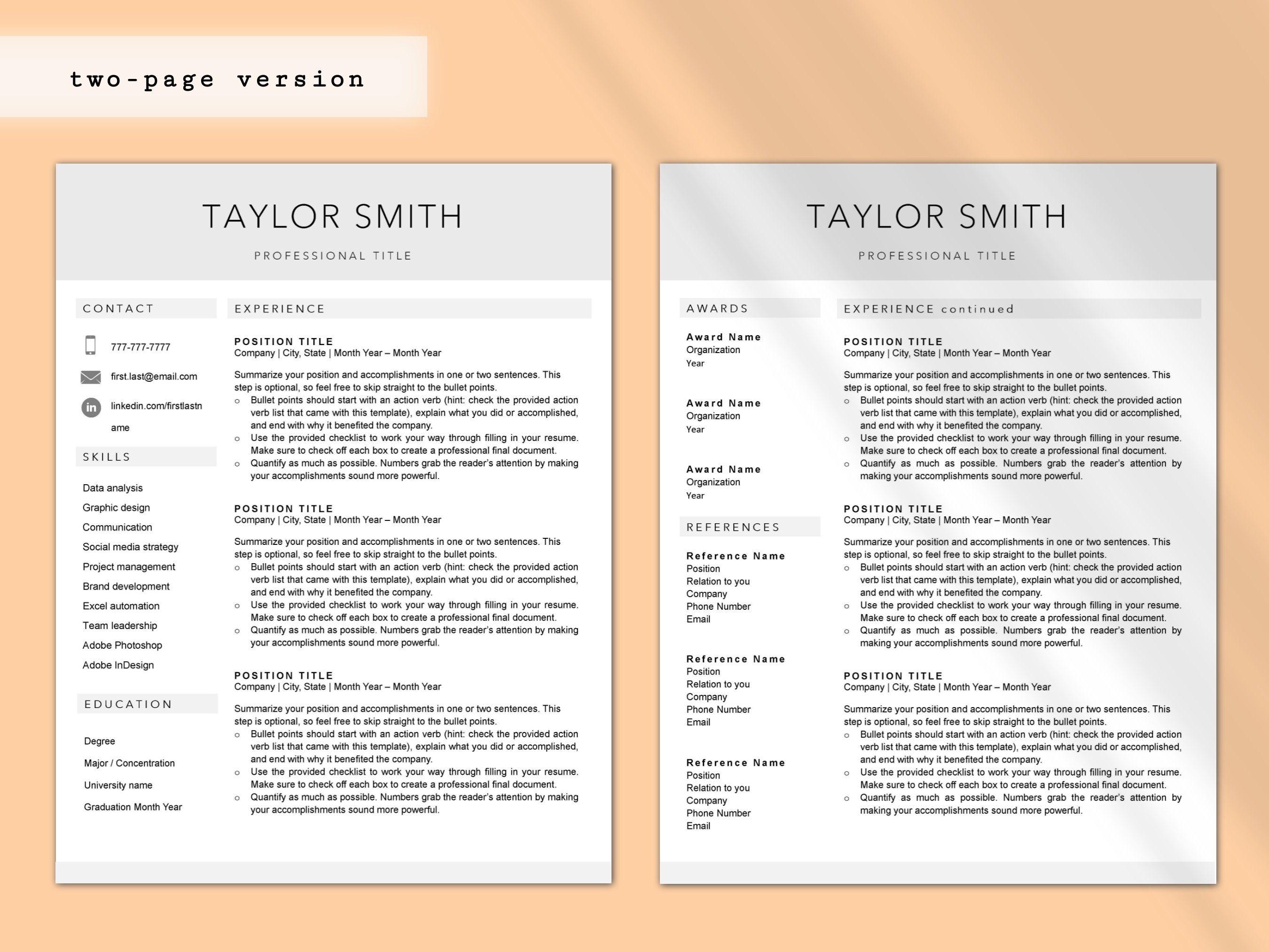 Modern Resume / CV Template, Cover Letter, References for Word and ...