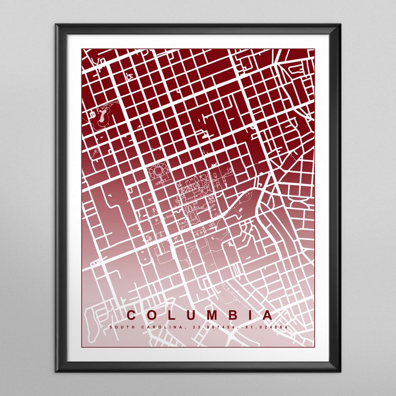 Columbia South Carolina Map Poster 8x10, 16x20 | USC Map Art | Downtown ...