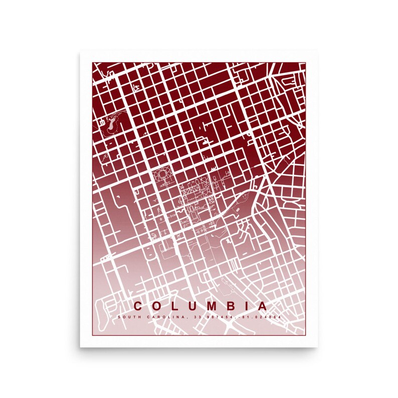 Columbia South Carolina Map Poster 8x10, 16x20 | USC Map Art | Downtown ...