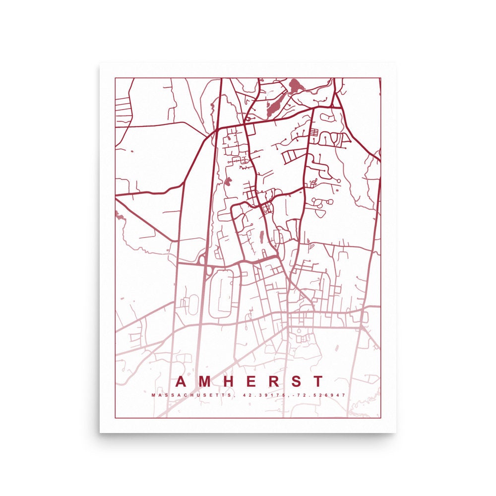 Amherst Massachusetts Map Poster 8x10, 16x20 | Umass Map Art | Umass ...