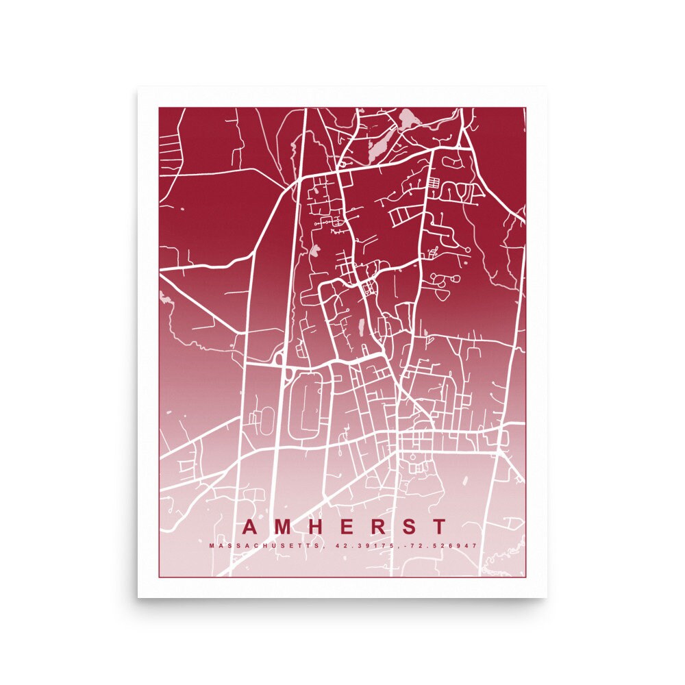 Amherst Massachusetts Map Poster 8x10, 16x20 | Umass Map Art | Umass ...