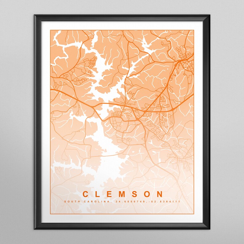 Clemson South Carolina Map Poster 8x10, 16x20 | Clemson Map Art ...