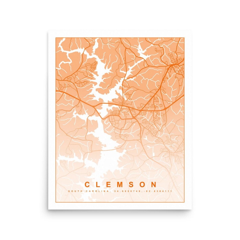 Clemson South Carolina Map Poster 8x10, 16x20 | Clemson Map Art ...