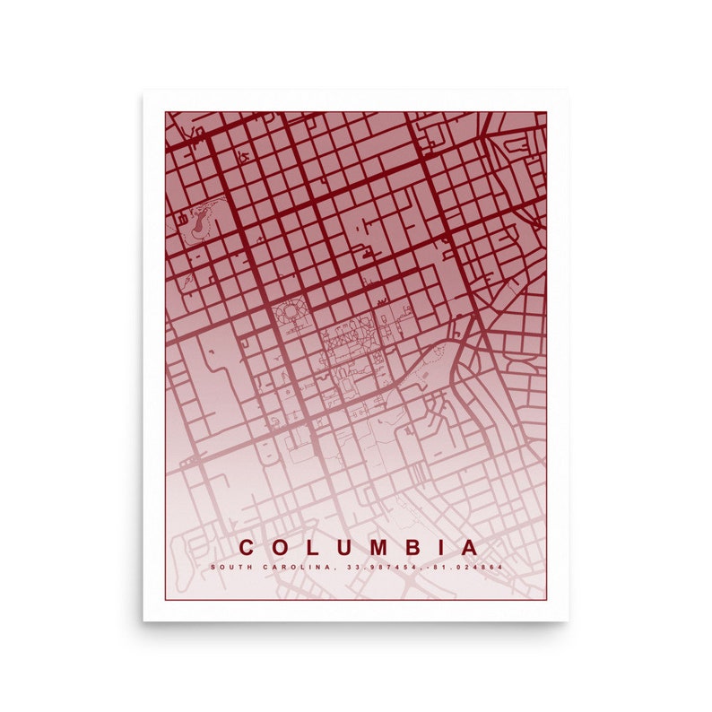Columbia South Carolina Map Poster 8x10, 16x20 | USC Map Art | Downtown ...