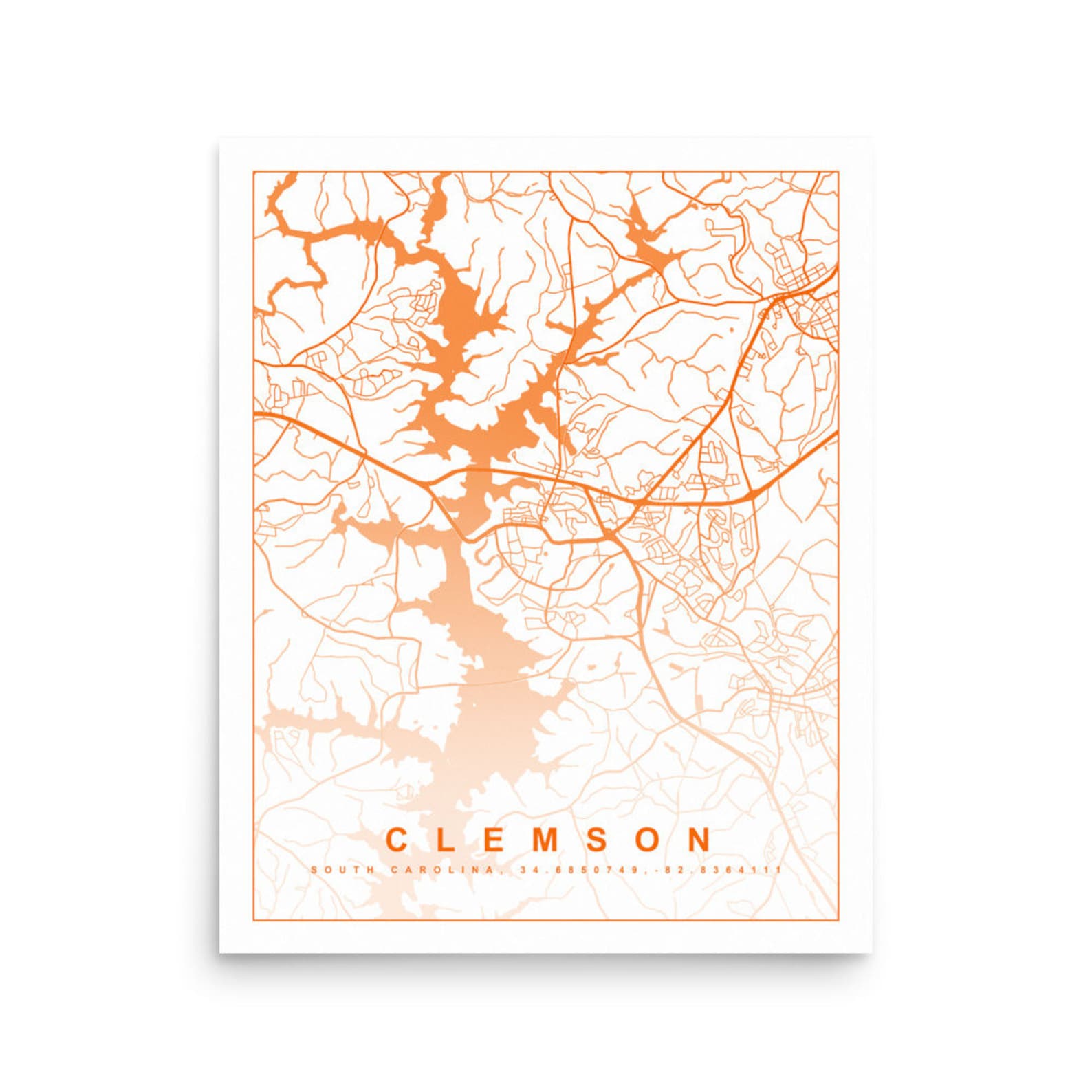 Clemson South Carolina Map Poster 8x10, 16x20 | Clemson Map Art ...