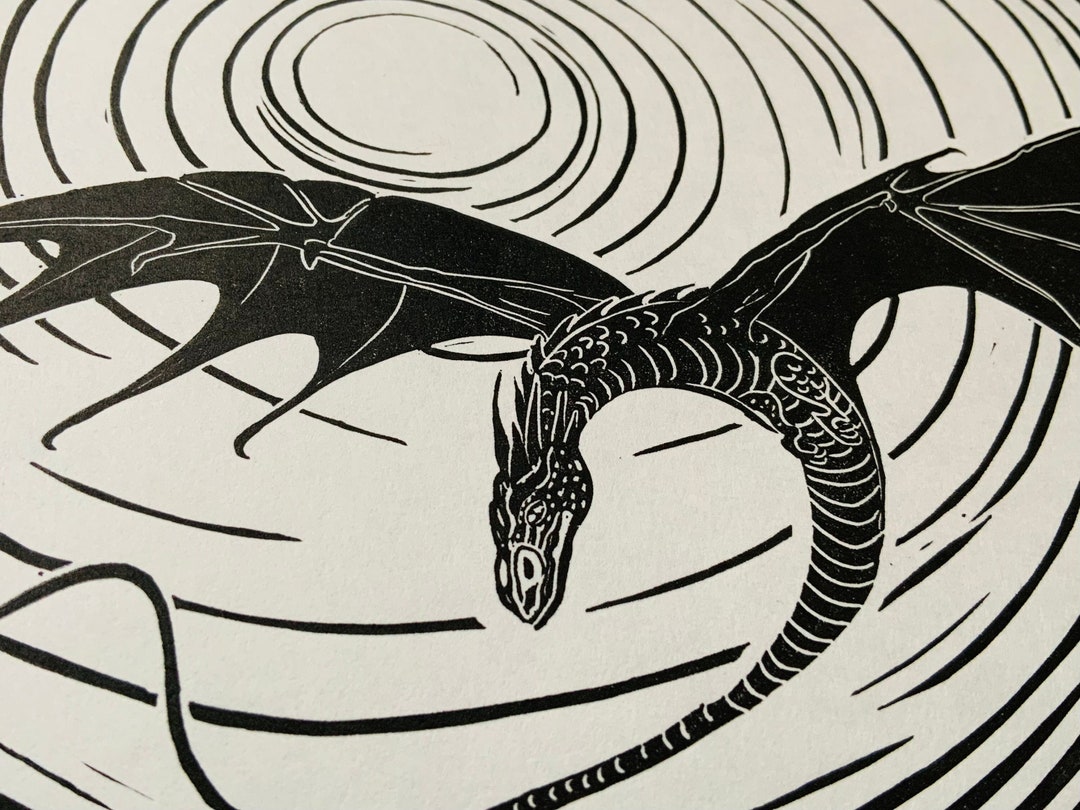Linocut Black Flying Dragon Print, Original Art, Wall Art, Linoprint ...