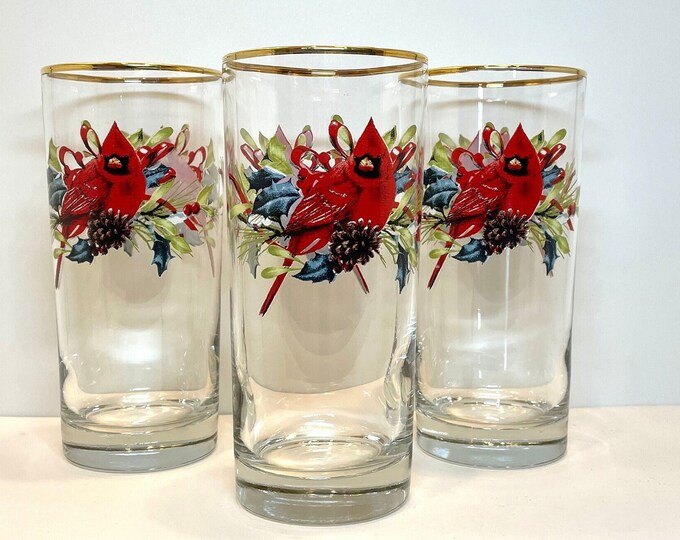Red Cardinal Vintage Winter Greetings Set of 3 Highball/tumblers ...