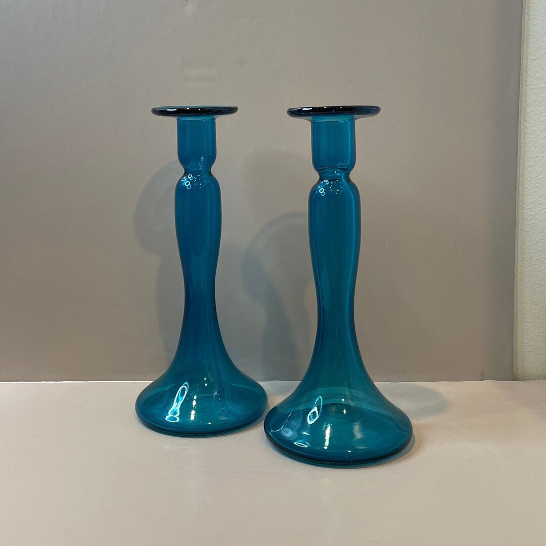 Vintage Blue Celeste Stretch Glass Trumpet Shaped Candlestick - Etsy