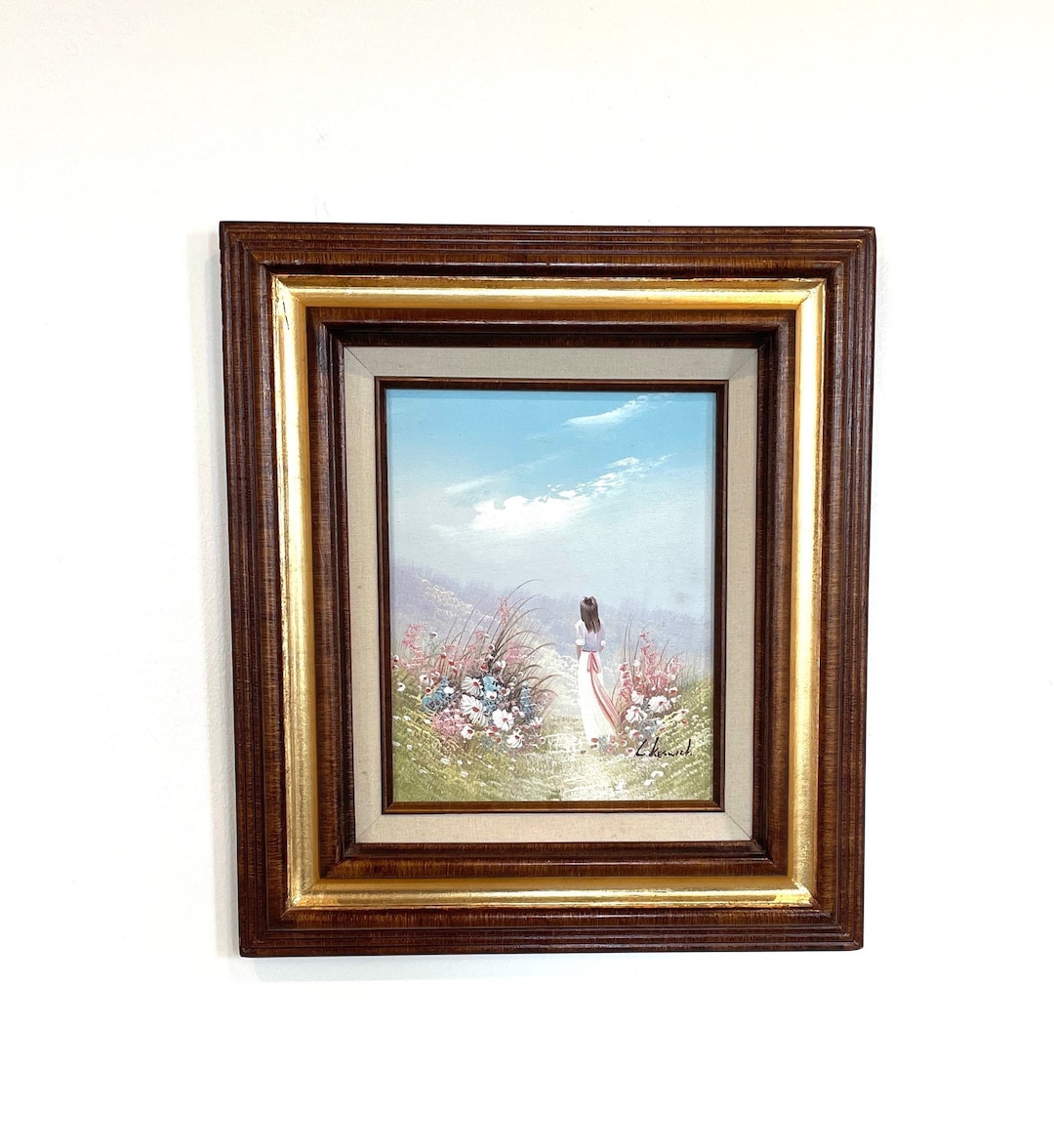 Original L. Keswick Painting of Woman in Floral Garden - Framed Art ...
