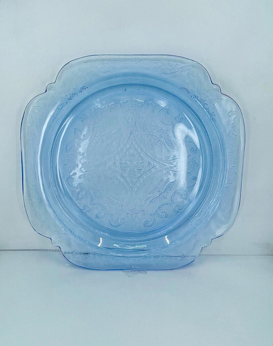 Vintage Blue Madrid Depression Glass Plate – Floral Etched Design by ...