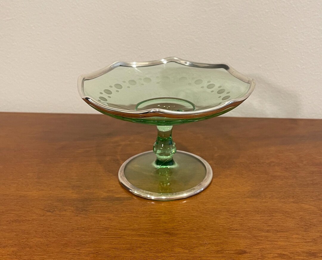 Green Depression Glass Compote With Silver Gilded Edges - Etsy