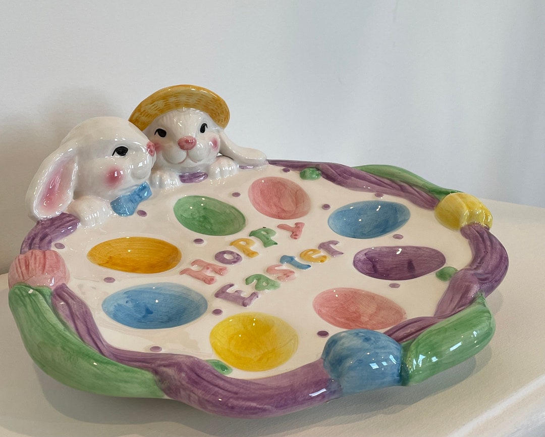 Easter Bunny Egg Plate by Fiji 1998 – Hand-painted Pastel Colors - Etsy