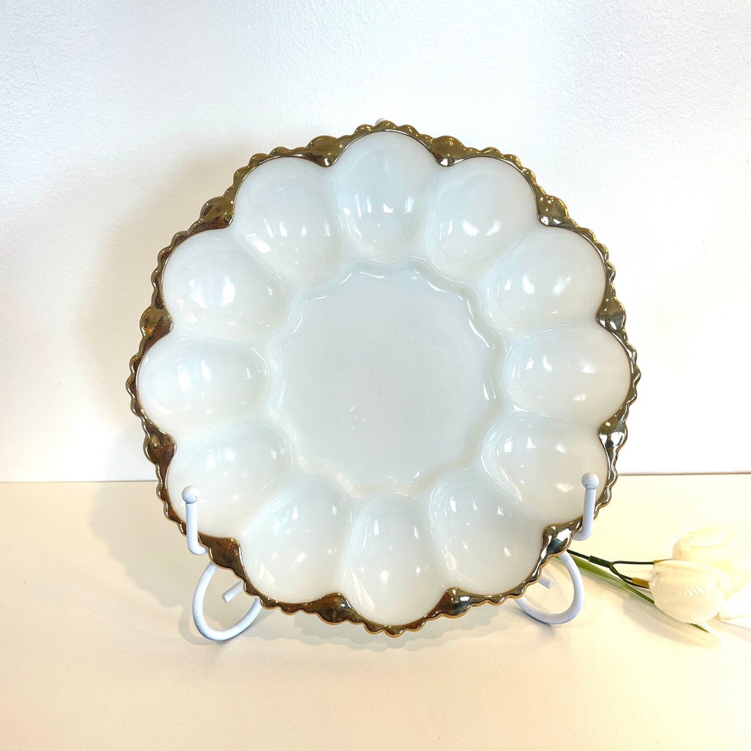 Vintage Milk Glass Oyster/deviled Egg Serving Platter With Gold Trim on ...