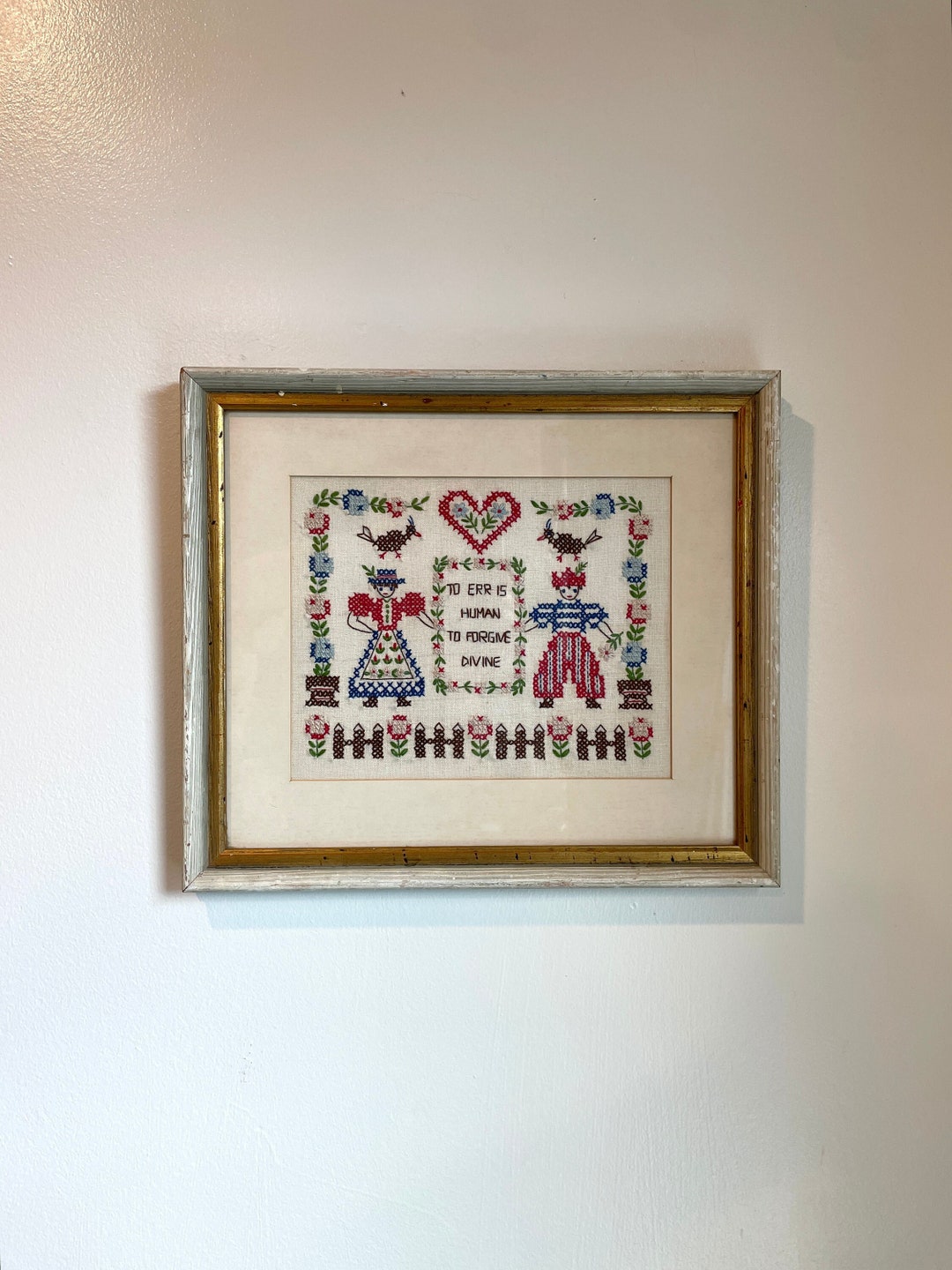 Vintage Framed Cross-stitch Art - "to Err is Human, to Forgive Divine ...