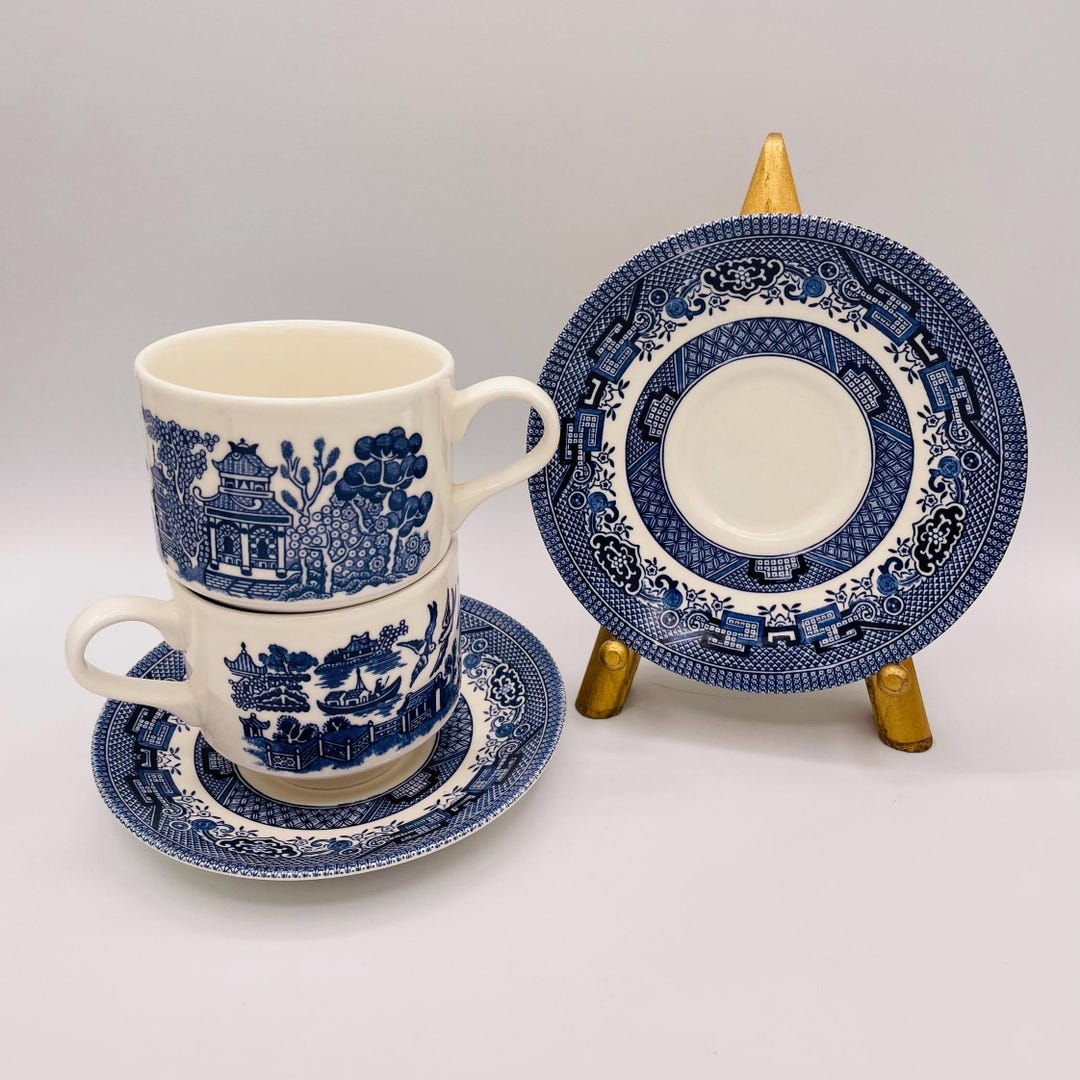 Set of 2 Churchill Blue Willow Tea Cups and Saucers - Made in England ...