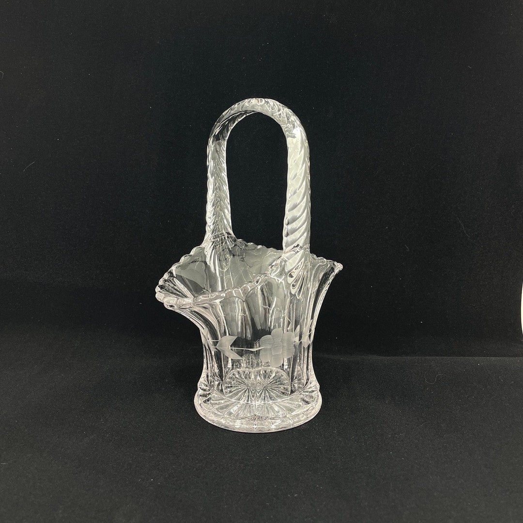 Vintage Clear Glass Etched Basket With Floral Design - Etsy