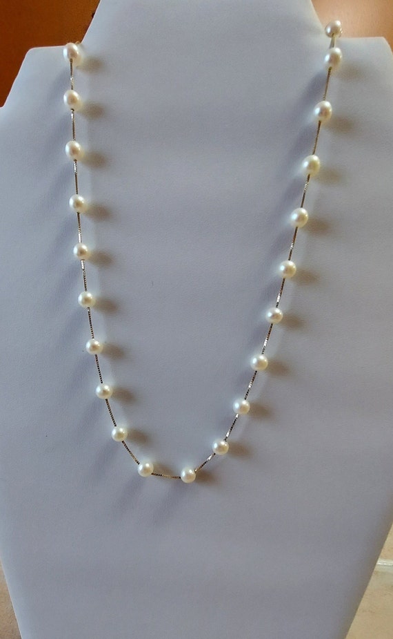 14k Gold Freshwater Cultured Pearl Station Necklace … Gem