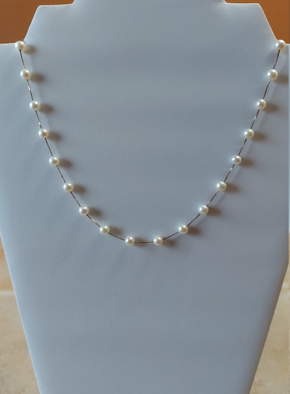 14k Gold Freshwater Cultured Pearl Station Necklace … Gem