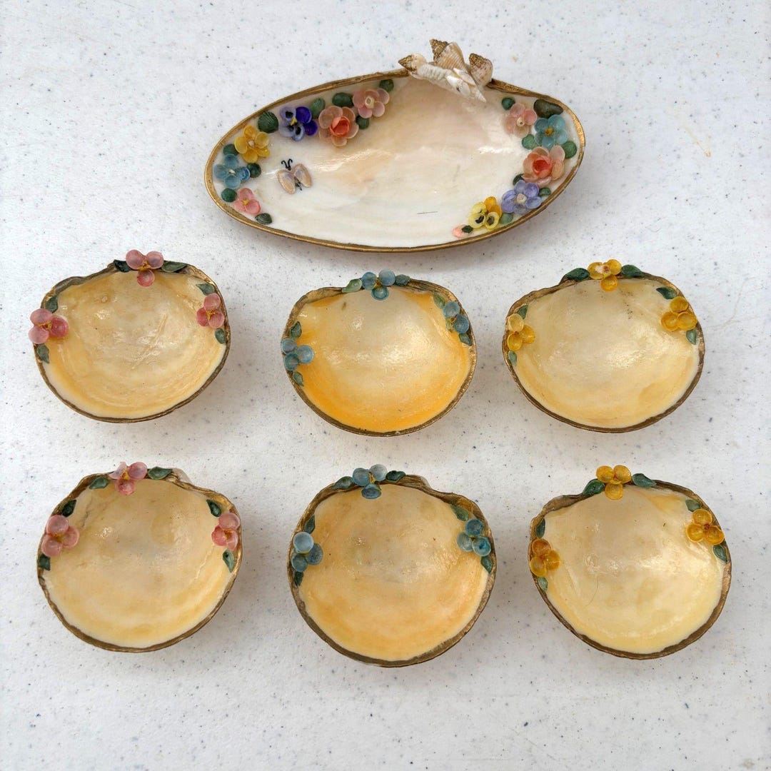 Rare Vintage Clam Shell Salt Cellar Set 1950s Shabby Decor Cottagecore ...