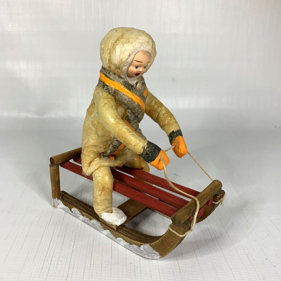 Vintage Handcrafted Paper Mache Girl on Wood Sled Figurine German? - Etsy