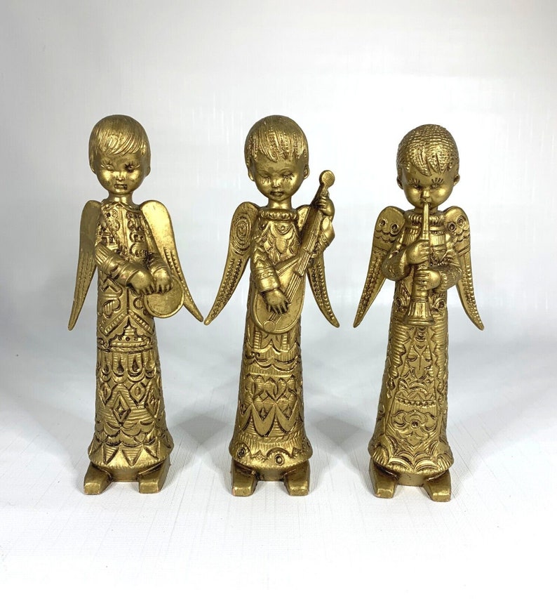 Italian Angel Musician Trio Figurines Embossed Plastic Gold Painted Vtg ...