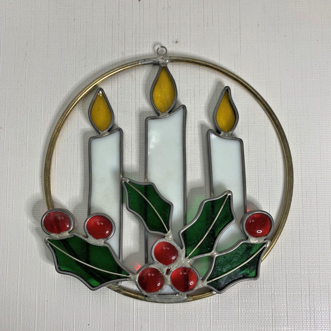 Stained Glass Leaded Christmas Wreath Hanging Holiday Sun Catcher ...