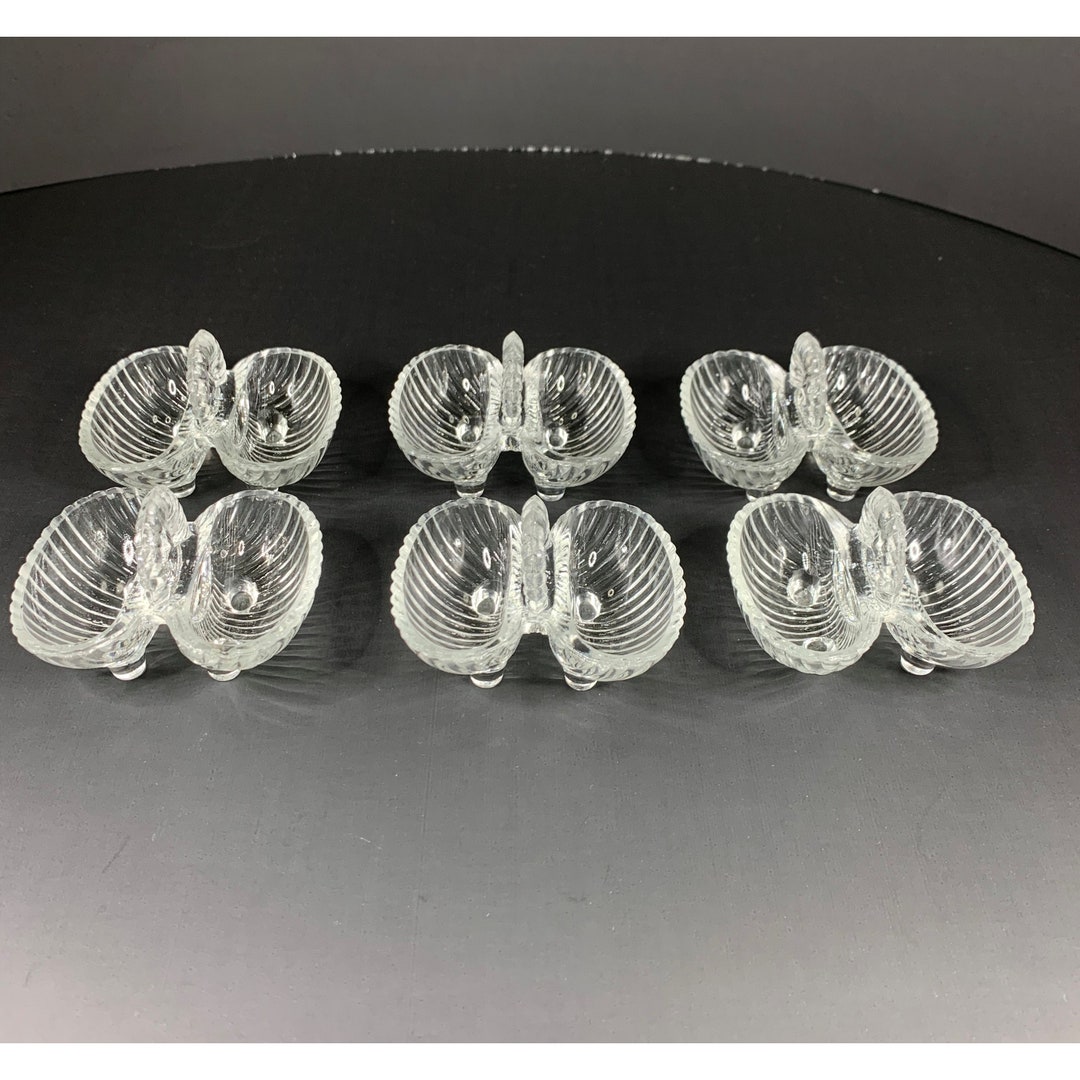 Double Seashell Open Salt Cellar Clear Glass Japan Vintage Set of 6 Mid ...